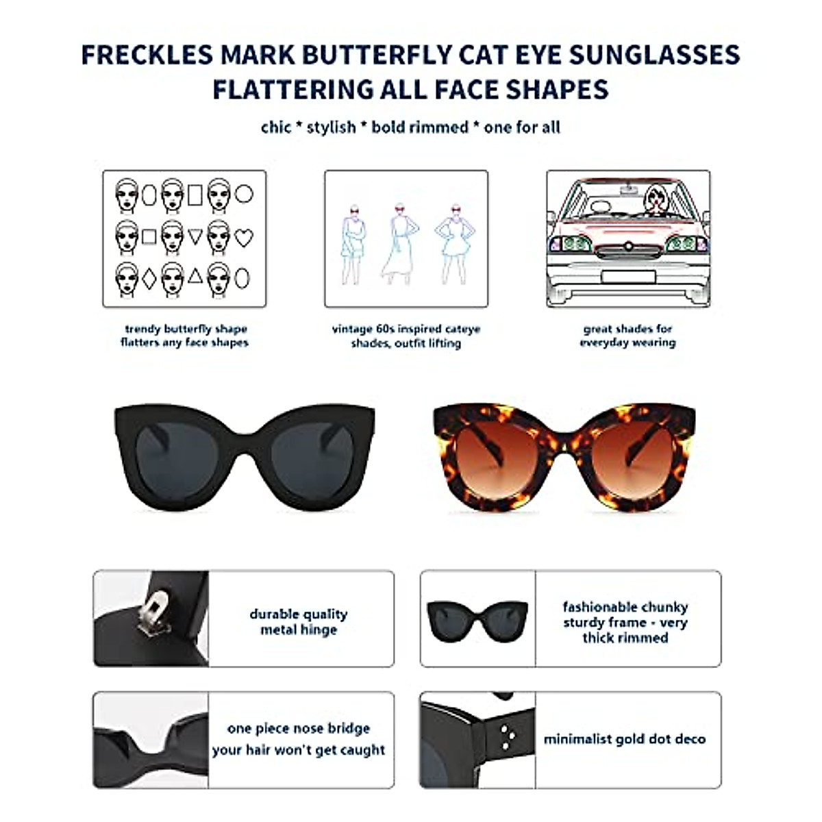 Freckles Mark Thick Fashion Butterfly Sunglasses for Women Trendy Round Cat Eye Sun Glasses (Tortoise Brown+Black, 45)
