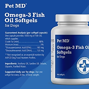 Pet MD – Omega 3 Fish Oil Supplement for Dogs – Skin and Coat Support for Dogs – 180 Softgels