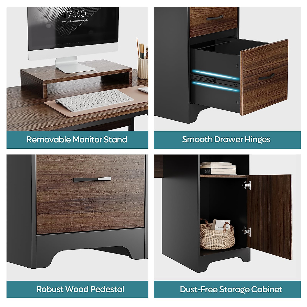 Bestier L Shaped Desk with File Drawers, 63" x 47" Office Computer Desk with Storage Cabinet, Corner Desk with Monitor Stand & Modesty Panel for Home Office, Cherry