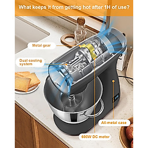ZACME Mixers Kitchen Electric Stand Mixer, Aluminum die casting and Gears, 1 Hour Continuous Operation, Dual Cooling System, Low Noise DC Motor, LED Display and Timing Function, 600W 5.5QT, Food Grade