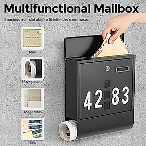 LAND·VOI Locking Mailbox with 4 Keys, Wall Mounted Metal Postbox，Nameplate, Newspaper Holder, Easy to Install, 3.4 x 11.8 x 13.3 Inches, Includes Vinyl Mailbox Numbers, Matt Black