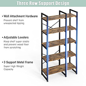 Easyzon 5 Tier Bookshelf and Bookcase, Rustic Industrial Bookshelf, Large Etagere Bookshelf Open Display Shleves with Metal Frame for Living Room Bedroom Home Office