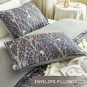 QSTEHEML Duvet Cover Queen Size, Branch Pattern Print Duvet Cover for All Seasons, 3 Pieces Ultra Soft Microfiber Duvet Cover Set with Zipper Closure and Corner Ties (Gray, Queen, 90x90'')