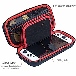 ButterFox Switch Carrying Case for Nintendo Switch OLED, Fits Charger, Joy Con Grip, 18 Games and Protective Case (Black/Red)