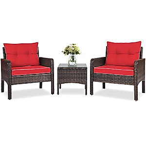 RELAX4LIFE 3-Piece Patio Furniture Set, PE Rattan Wicker Outdoor Conversation Set w/Glass Top Coffee Table & Thick Cushions for Deck Porch Balcony Garden, Bistro Table and Chairs Set of 2 (Red)
