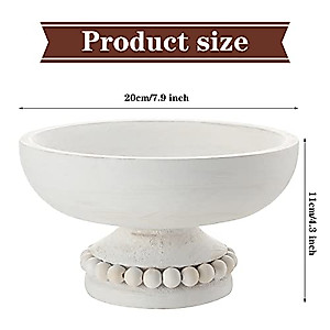 Amyhill Distressed Beaded Wood Pedestal Bowl Decorative Wooden Beaded Bowl White Wood Pedestal Bowl Beaded Serving Bowl for Farmhouse Kitchen Decor