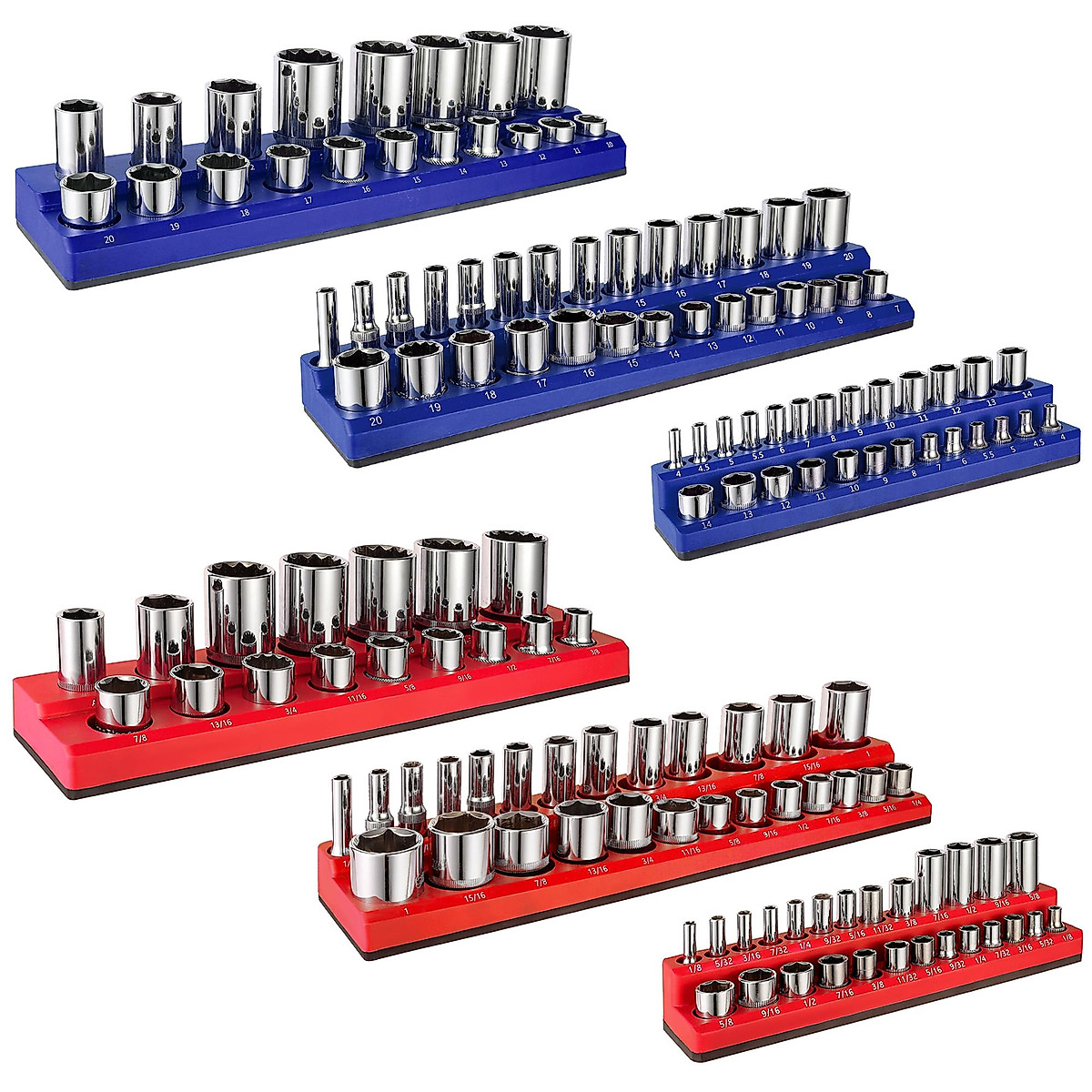 ALOANES 141-Slot Magnetic Socket Organizer, 6PC Socket Holder Kit, 1/2-inch, 3/8-inch, 1/4-inch Drive Socket Tray Holders,for Standard and Deep Metric SAE Sockets, Heavy Duty Organizer(Red&Blue)