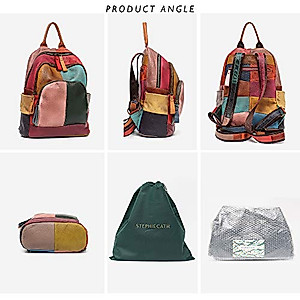 STEPHIECATH Vintage Genuine Leather Backpack Purse for women Laptop Colorful Patchwork Design Shoulder Daypack for Travel School