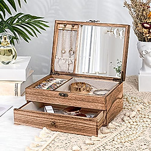 Emfogo Jewelry Box for Girls Women, 2 Layer Rustic Wooden Jewelry Boxes & Organizers with Mirror, Wood Jewelry Organizer Box Display for Rings Necklaces Earrings Bracelets(Torched Wood)