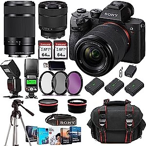 Sony a7R V Mirrorless Camera (ILCE7RM5/B) FE 28-70mm f/3.5-5.6 OSS Lens E 55-210mm f/4.5-6.3 OSS Lens Case+128 GIG Memory Cards+TTL Flash+Tripod(17PC) Bundle
