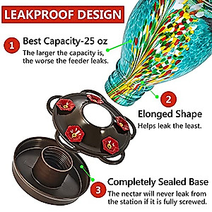 LUJII Hummingbird Feeders for Outdoors with Ant Guard, Blown Glass Hummingbird Feeder for Outside Hanging, 25 oz, Never Leak, Unfading & Anti-Rust, Flower Vase, Garden Backyard Patio Decor, Blue