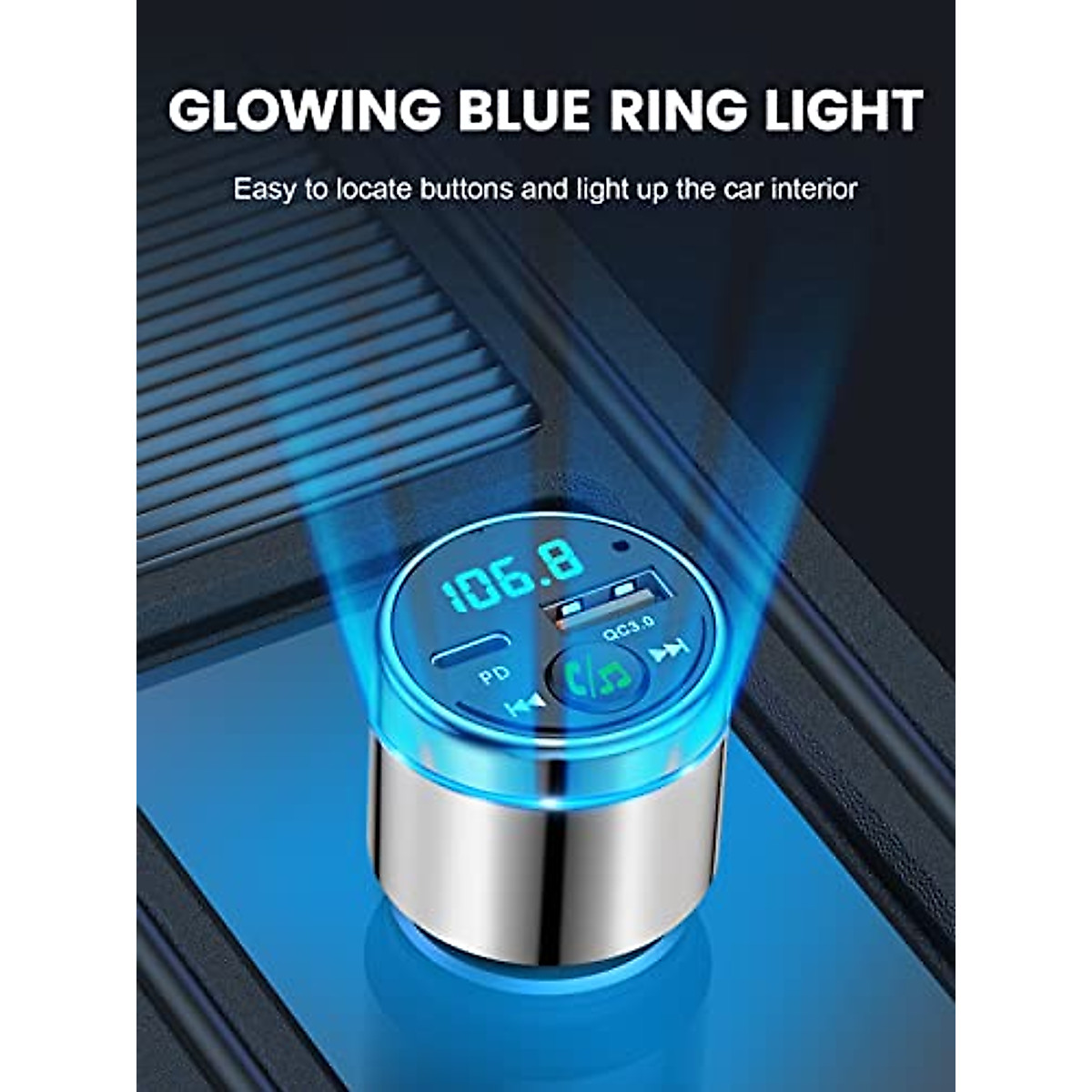 FM Transmitter for Car Bluetooth 5.3, RIWUSI [All-Metal] PD 20W & QC3.0 18W Fast Car Charger, Wireless FM Radio Car Kit Bluetooth Car Adapter, Noise Cancelling Hands-Free Call, Hi-Fi Music, Blue Light