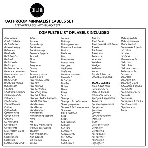 Dekluttr 173 Minimalist Bathroom Labels for Organizing Bathroom Preprinted Waterproof Organization Labels for Storage Bins Containers and Jars Sticks to Glass Plastic and Metal