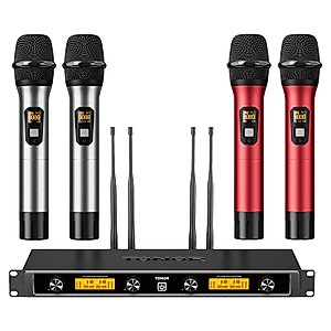 TONOR Wireless Microphones System with 4x10 Channels Dynamic Handheld Mics 4 Antennas for 295FT Long Distance Mic with Adjustable Frequencies Auto Connect for Singing Party Church Karaoke, Silver&Red