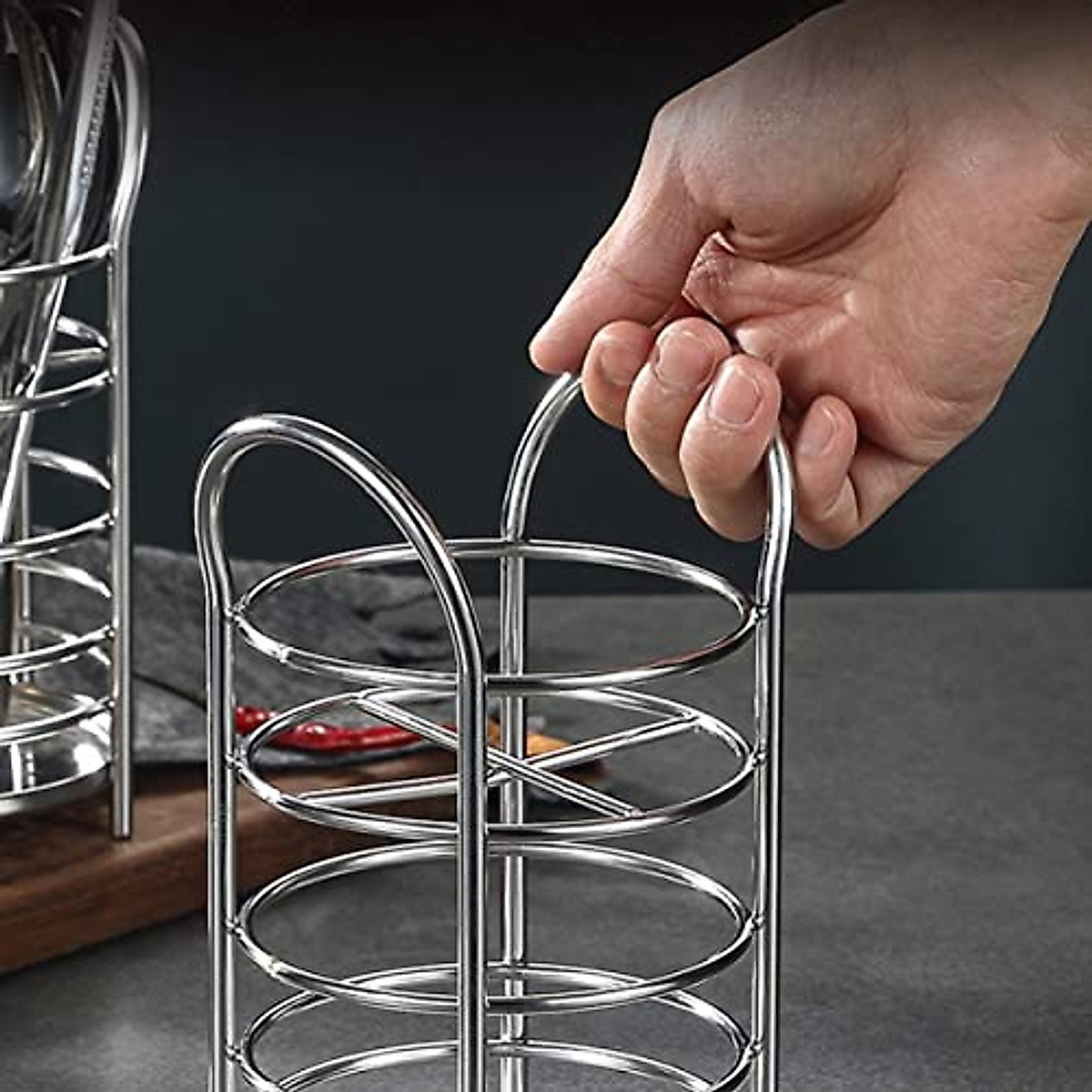 BESTonZON 1pc Stainless for Farmhouse Cutlery Countertop Utensil Rack Organizer Chopstick Holders Stand Round Pot Sponge Pen Black Sink Display Caddy Hanging Steel Cooking Silver