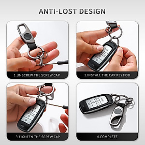 Gkeygo Carabiner Keychain, Key Chains for Car Key with 2 Key Rings and Anti-Lost D-Ring, Multifunctional Leather Keychains for Men and Women – Grey(Black Leather)