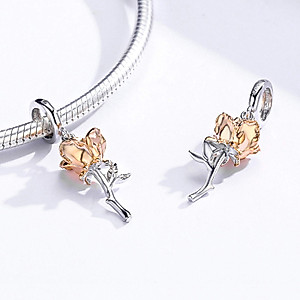 Presentski Rose Flower Pendant Charm Sterling Silver - Rose Gold Flower Pendants for Bracelet Necklace Jewelry Gifts for Women