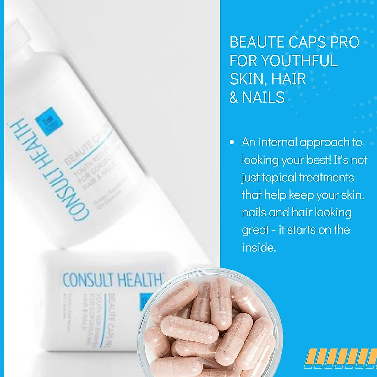 Consult Health Beaute Caps PRO - Supports Healthy Hair, Skin & Nails - Biotin 10,500 mcg - Red Orange Complex - Collagen - High Potency Support - Vitamin C & D - Minerals - 60 Day - 120 Capsules