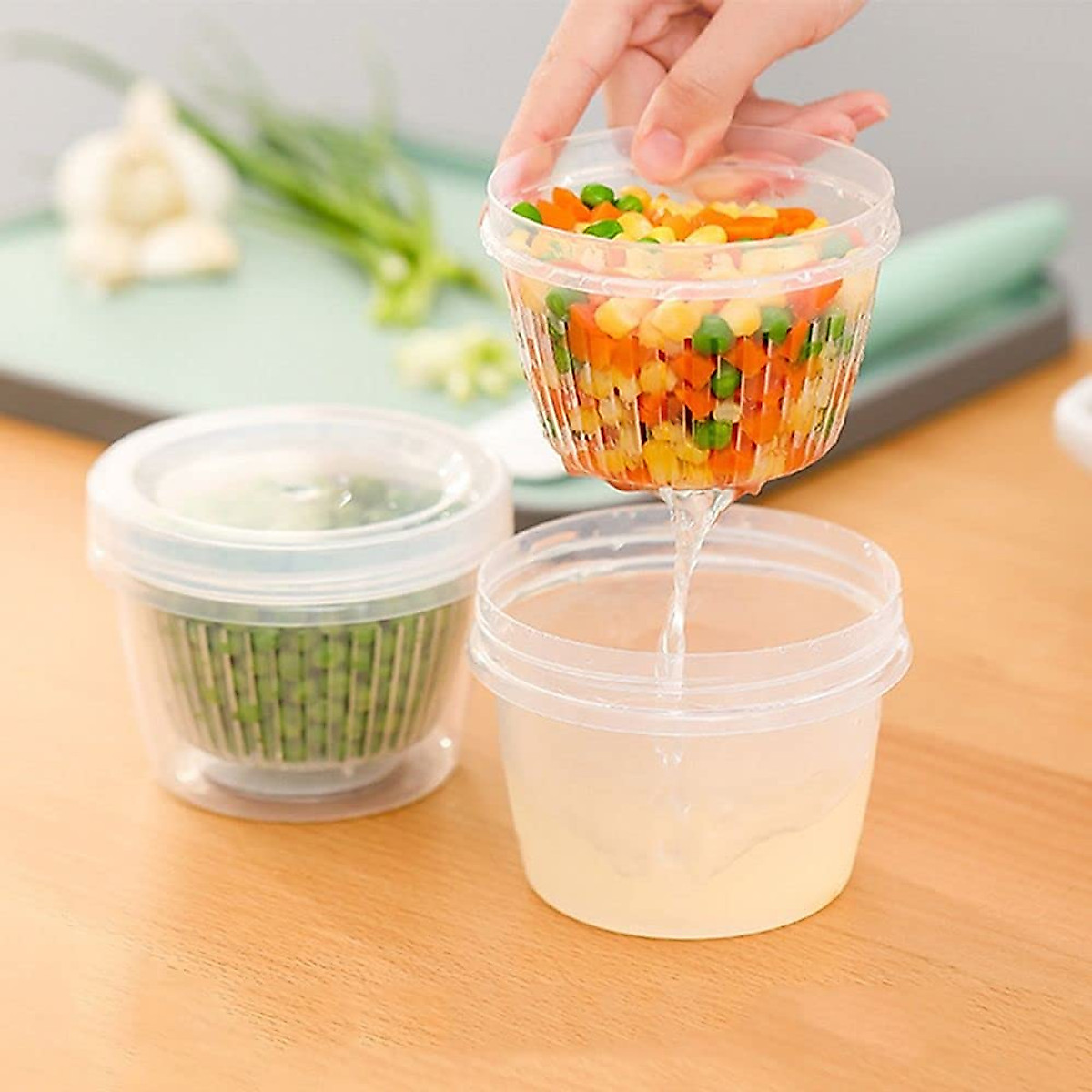 gofidin 4 Pcs Vegetable Storage Box, Ginger Garlic Onion Keep Fresh Container with Drain Basket Double Layer Plastic Transparent Food Drainage Sealing Box