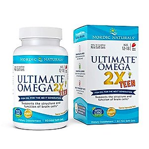 Nordic Naturals Ultimate Omega 2X Teen, Strawberry - 60 Mini Soft Gels - 1120 mg Total Omega-3s with EPA & DHA - Brain Health, Positive Mood, Social Development, Learning - Non-GMO - 30 Servings