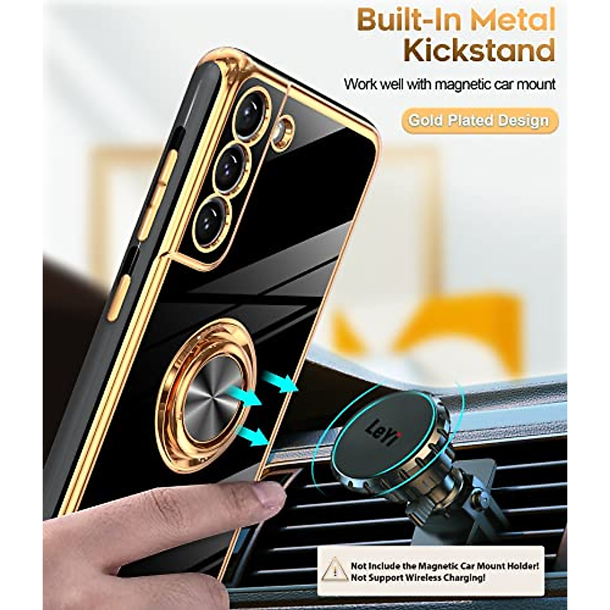 LeYi for Samsung Galaxy S21 FE 5G Case: with Tempered Glass Screen Protector [2 Pack] 360° Rotatable Ring Holder Magnetic Kickstand, Plating Rose Gold Edge Protective Case, Black