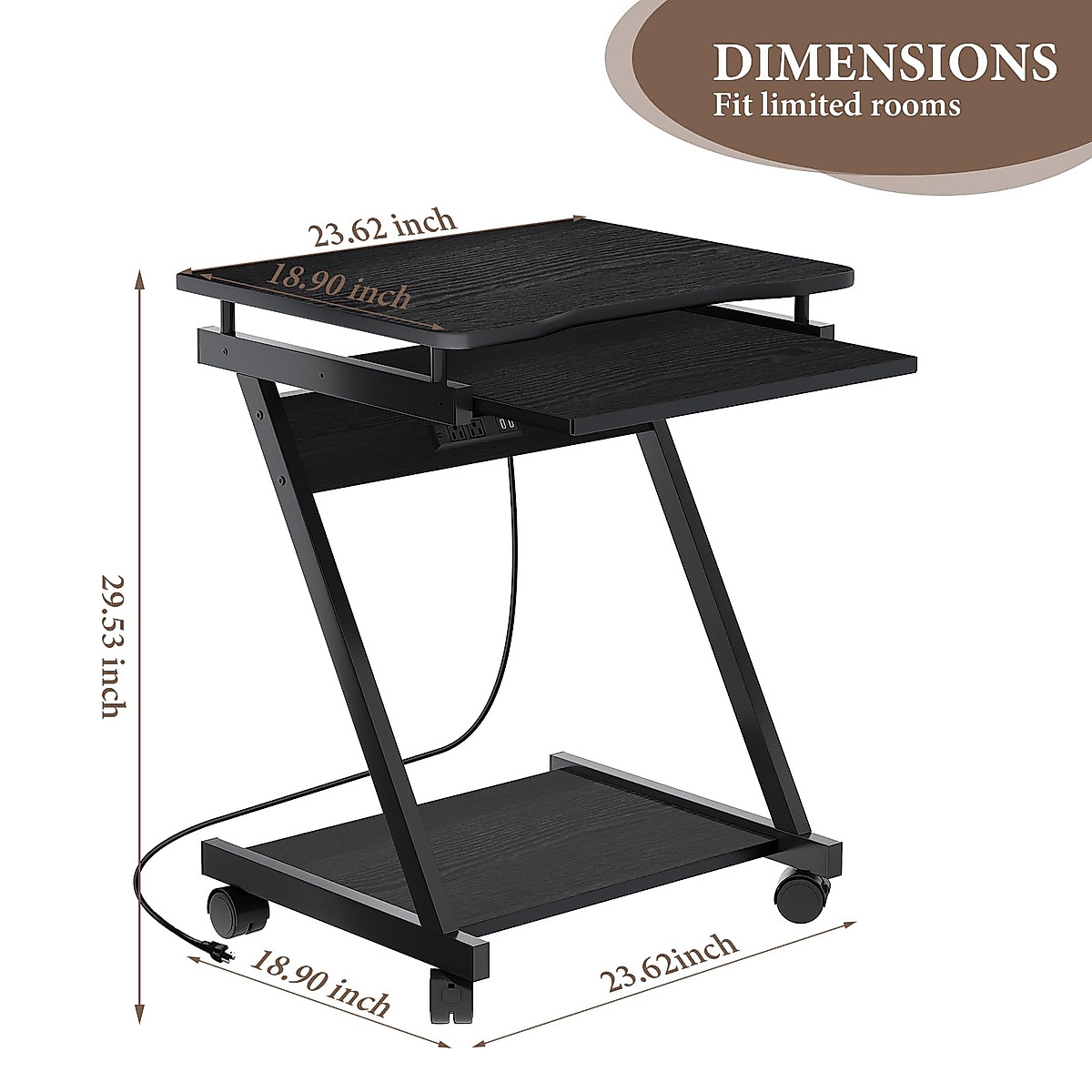 ZERDER Compact Home Office Desk for Small Space, Computer Gaming Desk with Keyboard Tray and Power Outlet, Study Workstation with Bottom Shelf, Black