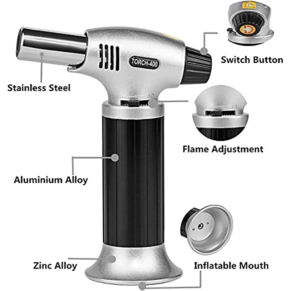 Torch, Refillable Kitchen Torch Lighter, Fit All Butane Tanks Blow Torch with Safety Lock and Adjustable Flame for Desserts, Creme Brulee, BBQ and Baking