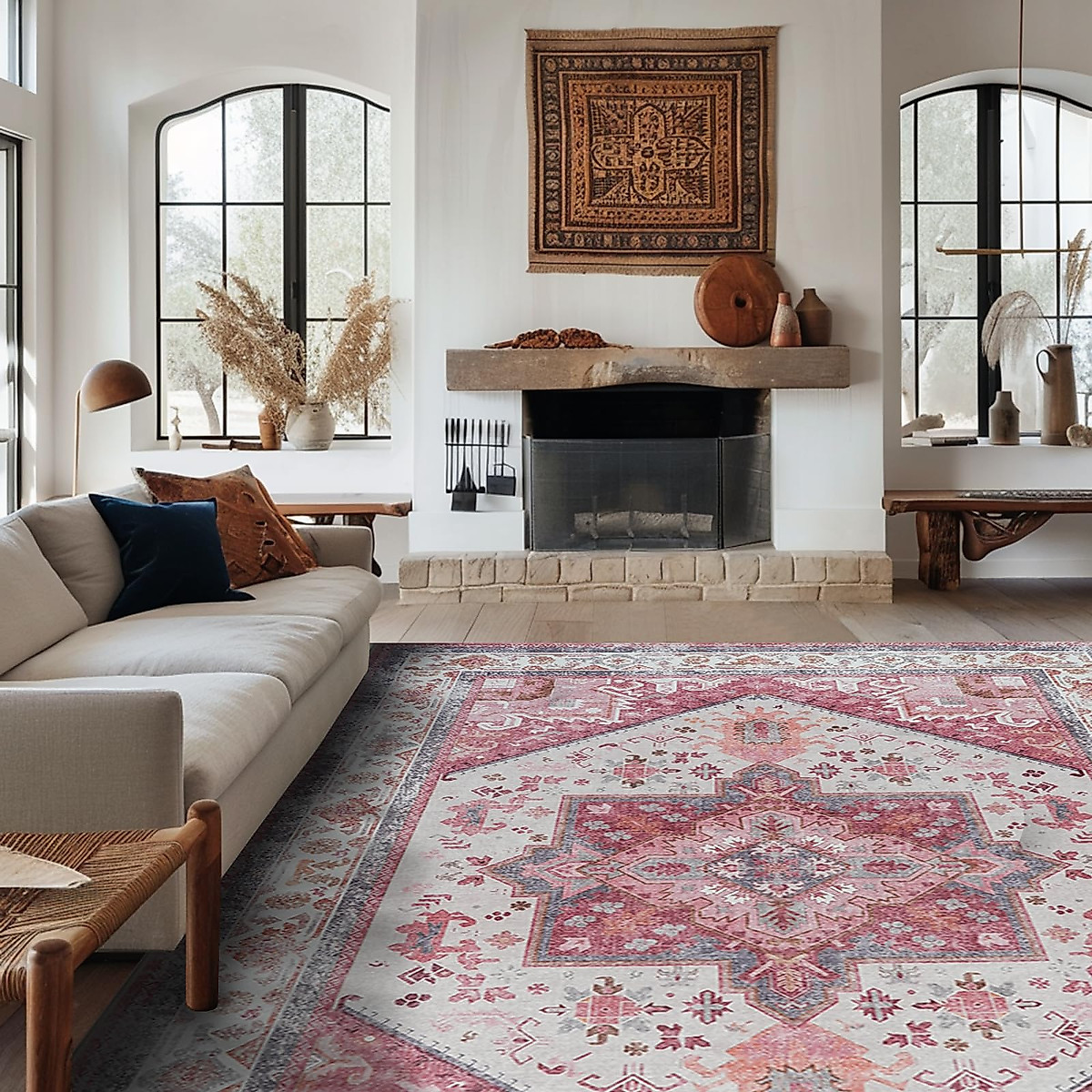 BRICHOEE 8x10 Rugs for Living Room Boho Washable Rug Large Non-Slip Distressed Area Rug Oriental Neutral Print Floor Rug Indoor Stain Resistant, Berry Multi