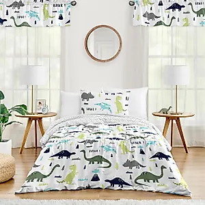 Navy Blue and Green Modern Dinosaur Boys or Girls 4 Piece Kids Teen Twin Bedding Set Collection