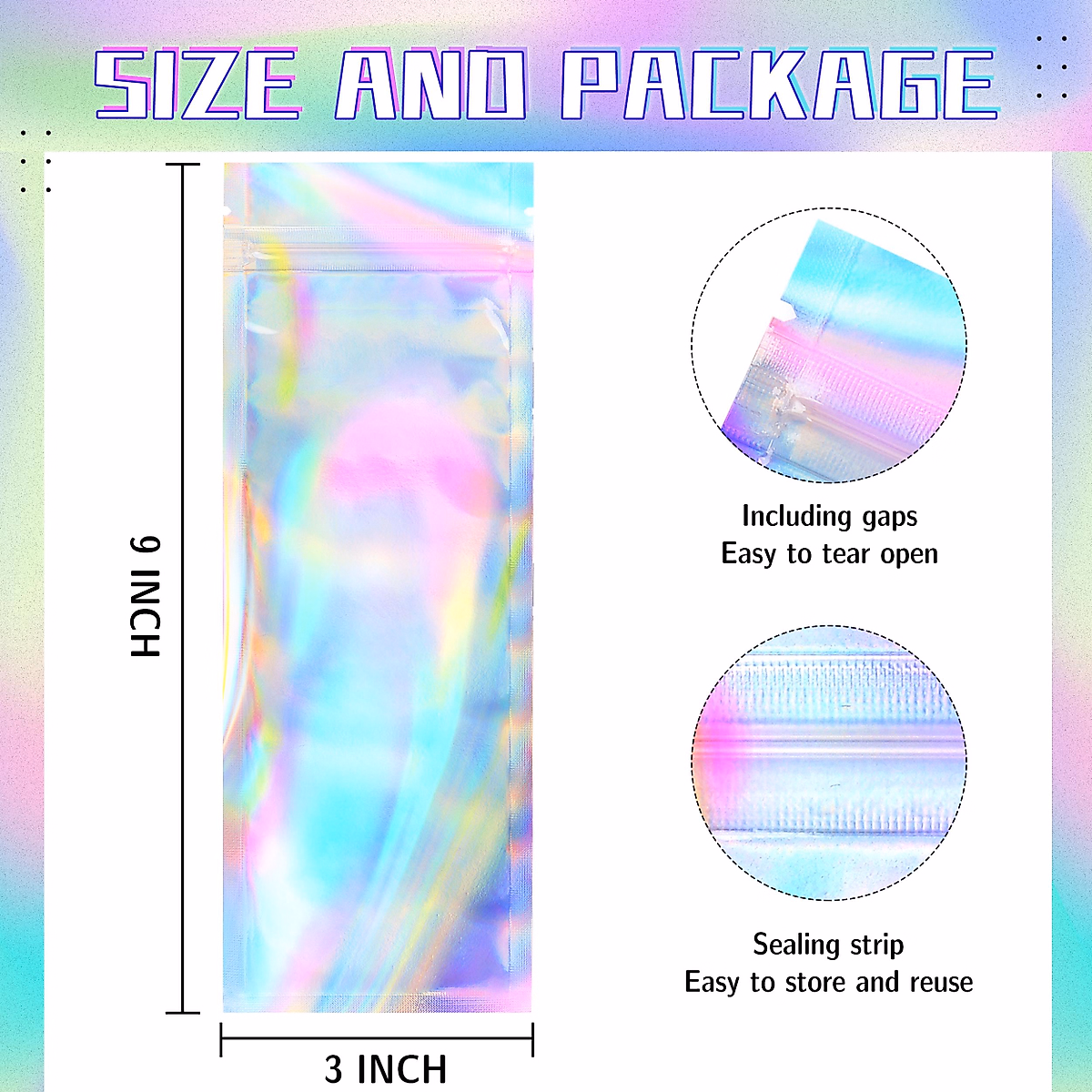 NPLUX Holographic Mylar Bags Resealable Smell Proof Bags for lip gloss, Jewelry, Lash Candy and More - Small Business Packaging Supplies(100PACK, 3x9INCH)