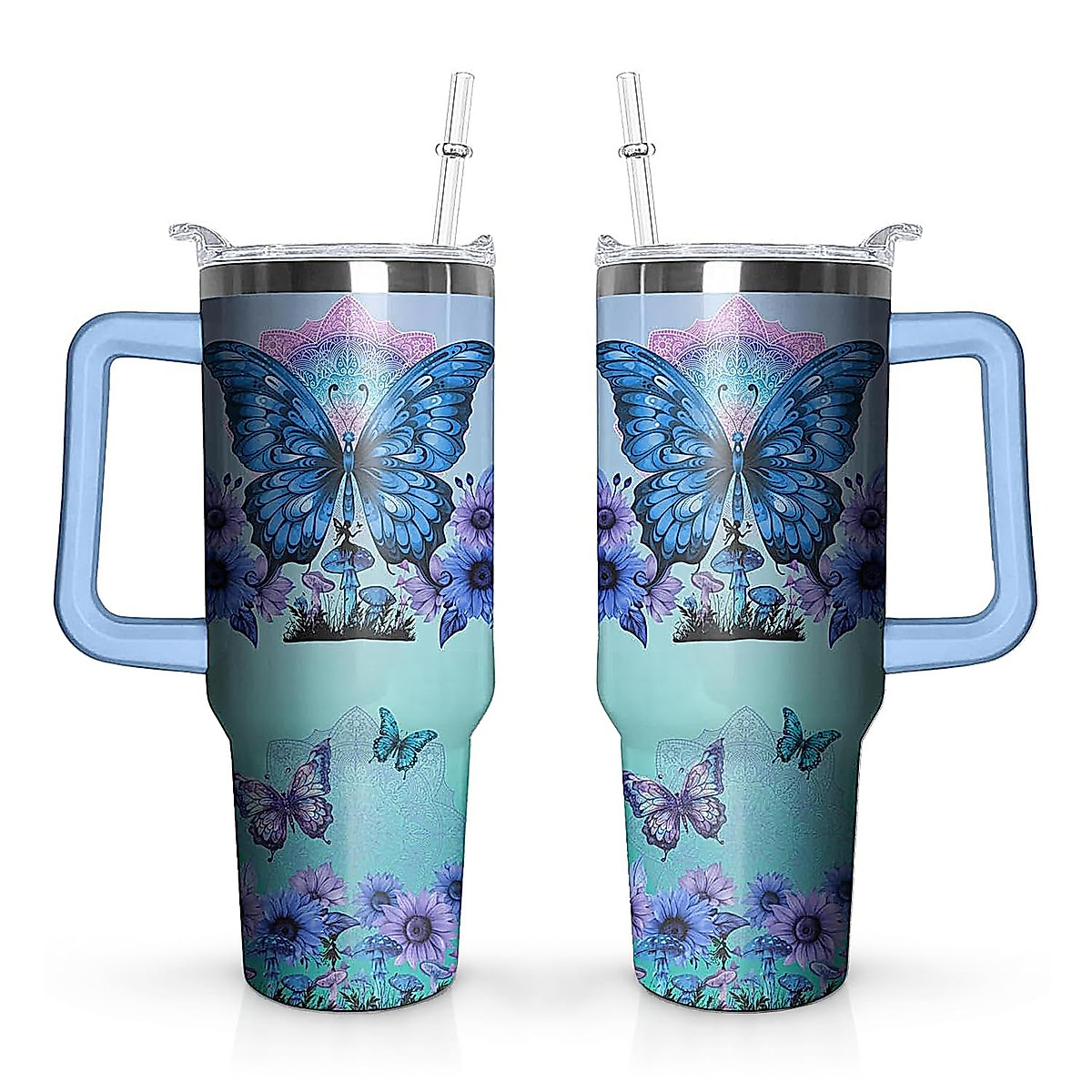 wxmbdzq 40 oz Butterfly Tumbler with Handle and Straw Lid,Leak Proof Travel Stainless Insulated Tumbler,Cup Holder Friendly,Perfect for Outdoor Travel Car and Sports