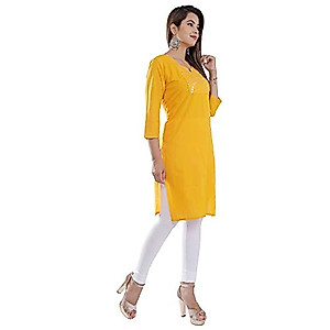 Ramkudi Indian Women's Plain Embroiderd Cotton Straight Kurti Top (Yellow)