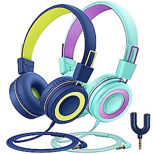 KLYLOP Kids Headphones with Microphone - 91dB Safe Volume Limited, Stereo Sounds, Wired On-Ear Headsets for Kids Teens with Sharing Splitter, Tangle-Free Foldable Headset for School/Tablet/Travel