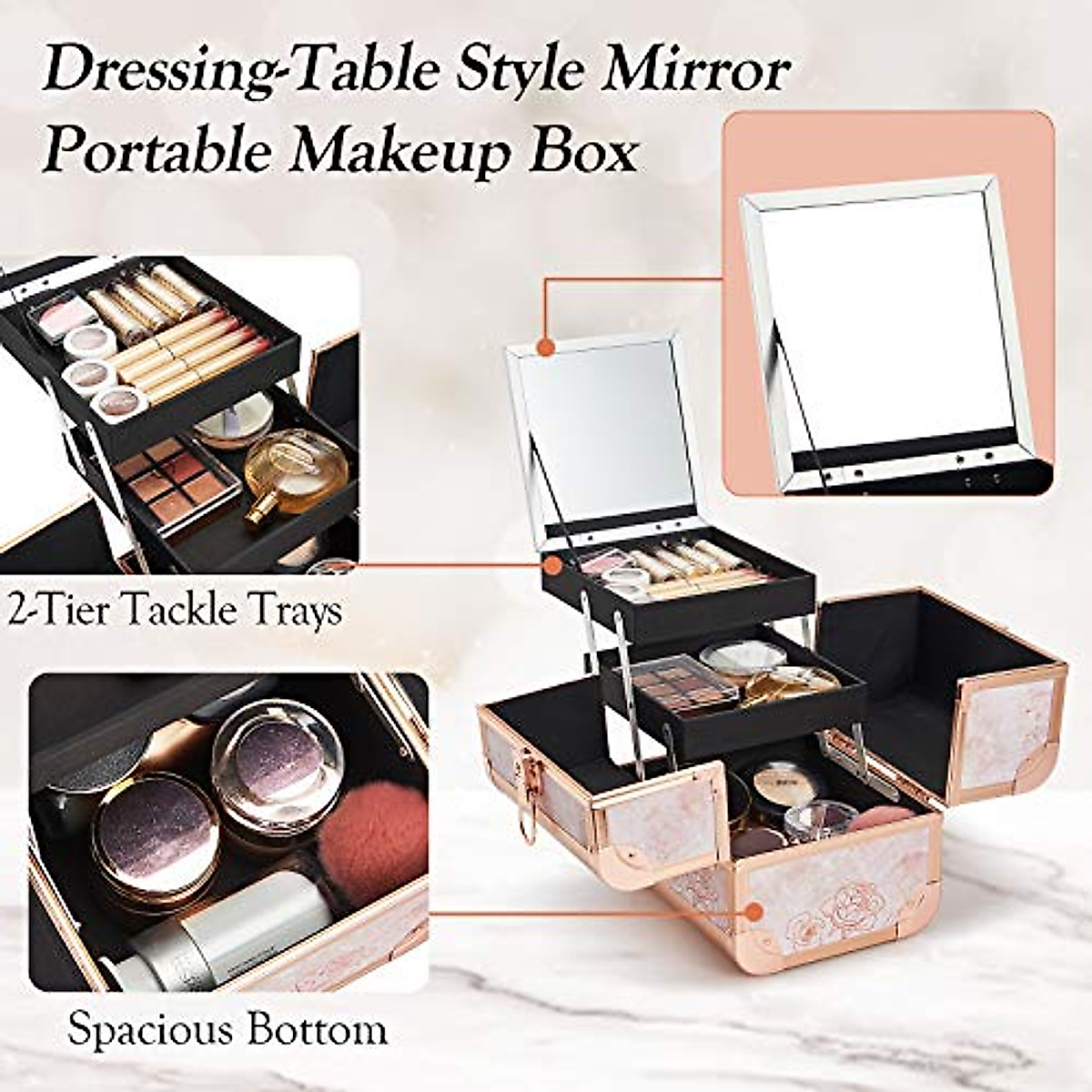 Costravio Makeup Box Cosmetic Train Case with Mirror Travel Organizer Cosmetic Jewelry Storage Box with 2-Tier Tackle Trays Portable Lockable Makeup Organizer Box - Marble Rose Gold Style