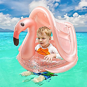 Ekoropshop Baby Pool Float with Canopy Inflatable Flamingo Swimming Pool Float Swimming Ring with Safety Seat for Kid 4-48 Months