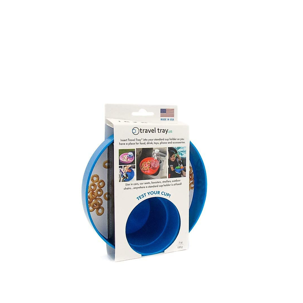 My Travel Tray Round, USA Made. Easily Convert Your existing Cup Holder to a Tray and Cup Holder for use in a Car Seat, Booster, Stroller, Golf Cart and Anywhere You Have a Cup Holder! Blue