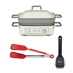 Cuisinart GR-M3 STACK5 Multi-Functional Grill with Heavy Duty Small Grill Brush and 8-Inch Nylon Flipper Tongs Bundle (3 Items)