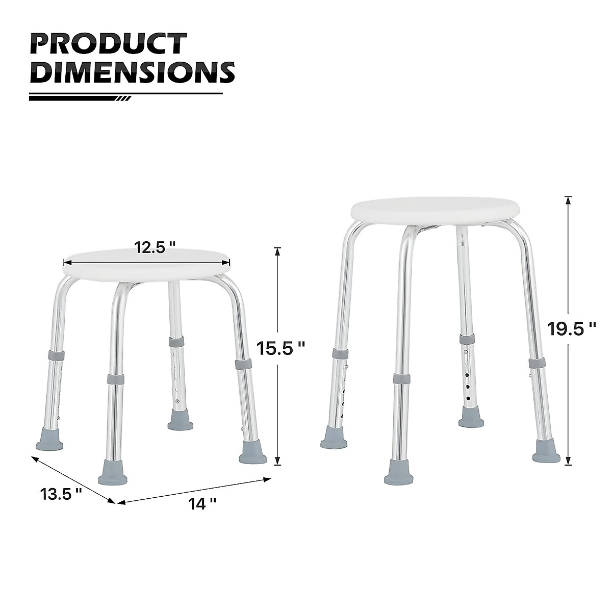 monicare Adjustable Seat Height Shower Stool for Bathroom Inside Tub, Small Round Plastic Non-Slip Waterproof Bath Stool for Elderly, Seniors, Adults, Disabled (White, 220 Lb Capacity)