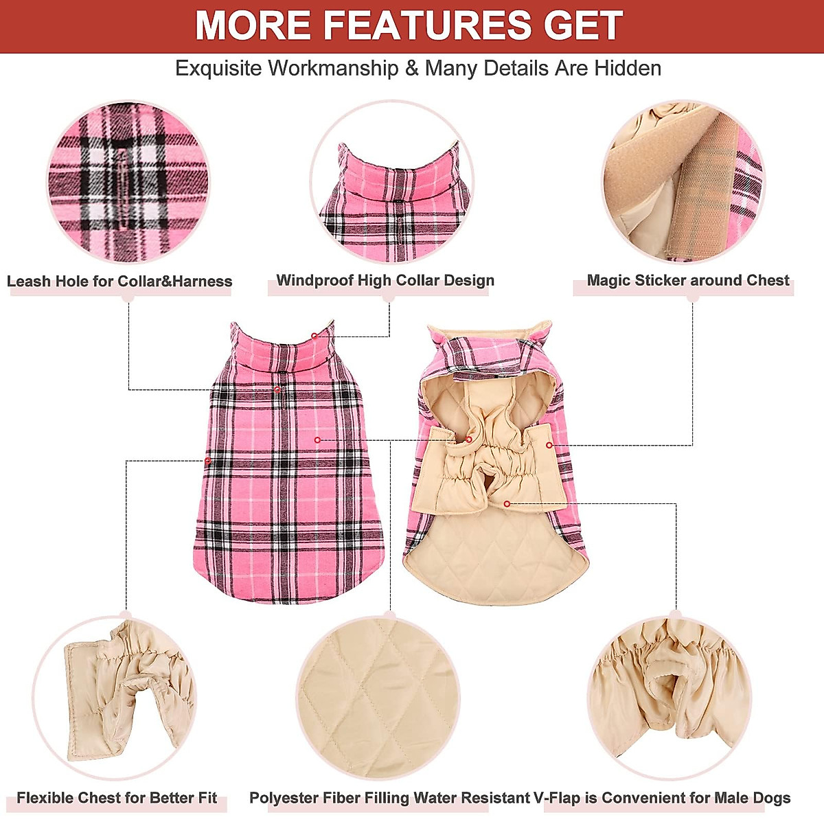 MIGOHI Dog Jackets for Winter, Reversible Dog Coat Windproof Waterproof Dog Winter Jackets for Cold Weather, British Style Plaid Dog Coats Warm Dog Vest for Small Medium Large Dogs, Pink S