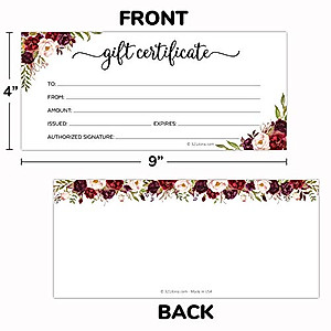 321Done Floral Blank Gift Certificates (Set of 24 and Envelopes) 4x9 for Small Business, Holiday, Christmas Voucher, Spa, Salon - Rustic Red Roses White - Made in USA