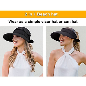 Verabella Womens Beach Hat Summer 𝗟𝗶𝗴𝗵𝘁𝘄𝗲𝗶𝗴𝗵𝘁 𝗦𝘂𝗻 𝗵𝗮𝘁 for Hiking Sun Protection 2 in 1 Visor Sun Protection Hat (Black)