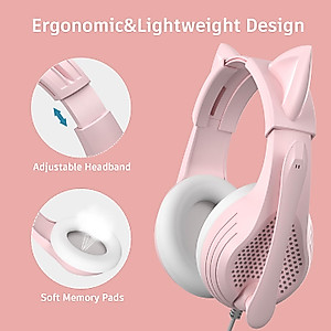 Mokochy Gaming Headsets with Mic Noise Cancelling Headphone Pink with Cat Ears Girly Headset with Microphone Wired 3.5mm Headphones for PC/Mac Headphones