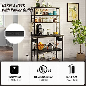 Rolanstar Baker's Rack with 4AC Power Outlet, 65.7inch Microwave Oven Stand with 10 Hooks, Stable Coffee Bar Table, 6-Tier Kitchen Storage Shelf Rack, Kitchen Utility Rack with Hutch, Black