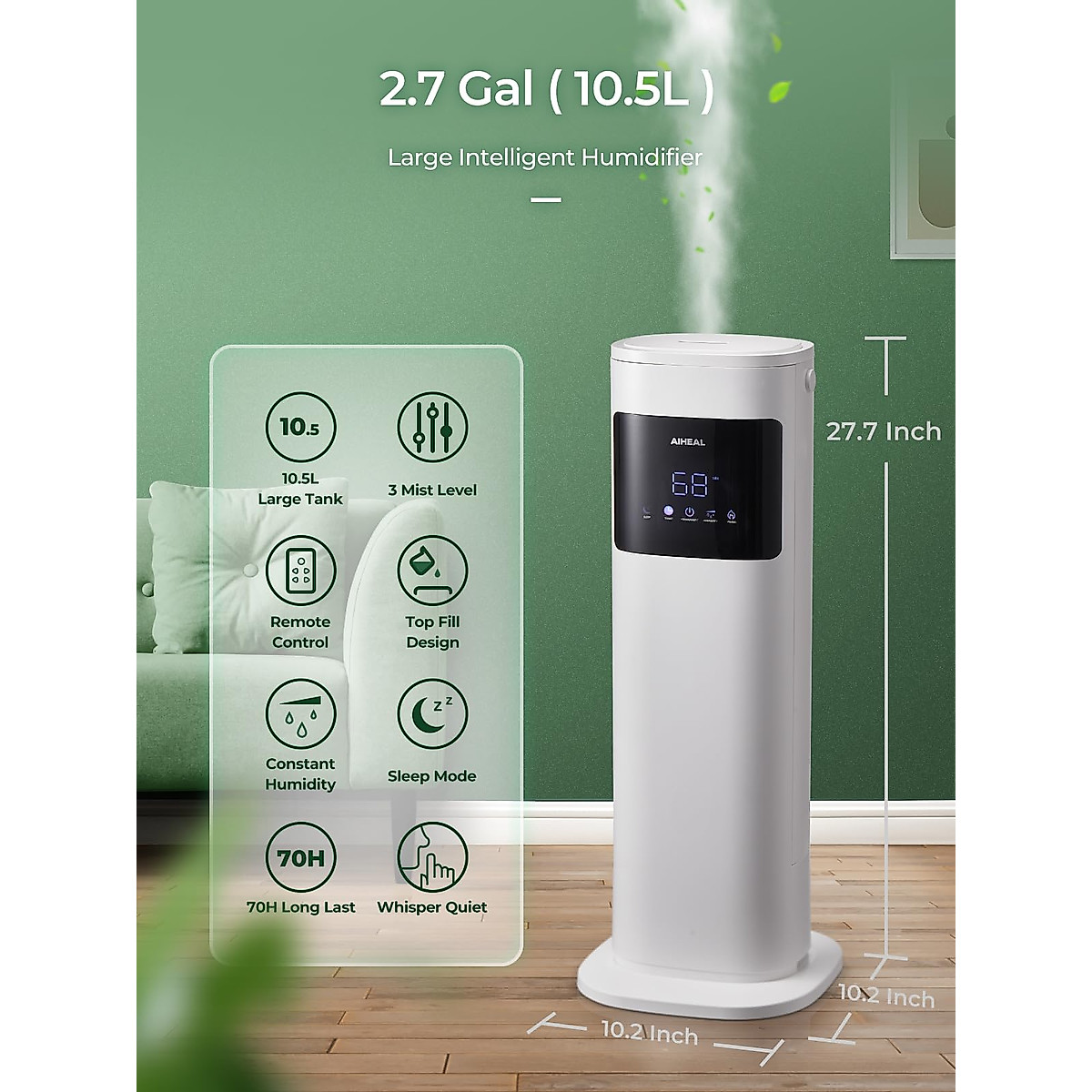 Aiheal Humidifier for Large Room Home, 10.5L Top Fill Cool and Warm Mist Ultrasonic Floor Humidifiers for Baby and Plants with Customized Humidity, Timer, Sleep Mode, Auto Shut Off, Ultra Quiet
