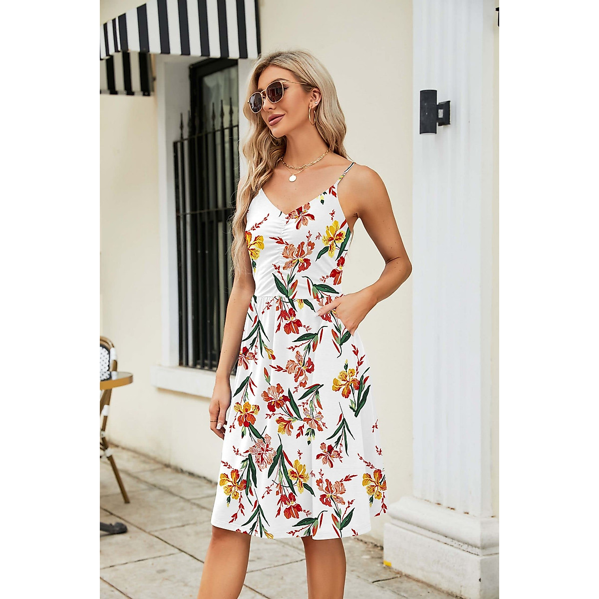 BeadChica Women's Casual Dress Summer Sleeveless V Neck Floral Sundresses A Line Spaghetti Strap Midi Dress with Pockets-Printing-XL