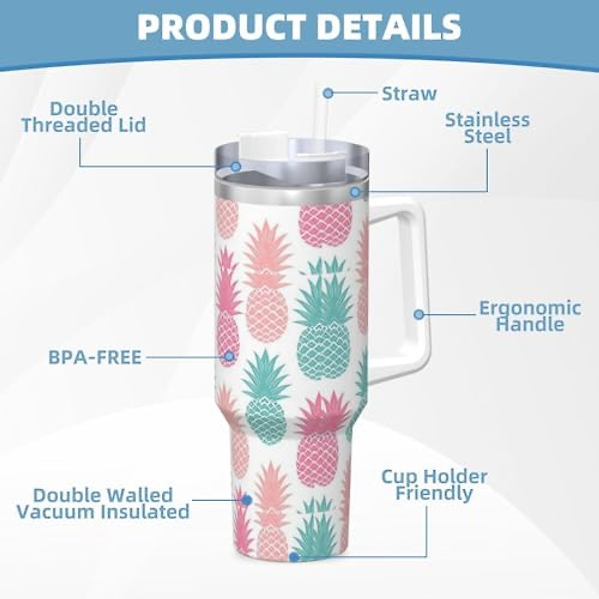 HULIBIN Colored pineapple Print Double Deck Stainless Steel Travel Coffee Cup With Lid 40 Oz Ice Bully Cup