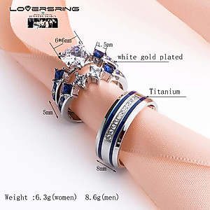 LOVERSRING 3pc His and Hers Couple Ring Bridal Sets Women White Gold Plated Heart Blue Cz Man Titanium Band Wedding Ring for Him and Her