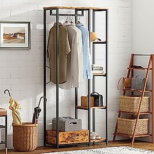 SogesGame Clothes Rack for Hanging Clothes, Black Clothing Rack with Shelves and Drawer, Freestanding Garment Rack for Bedroom Wardrobe Rack for Hanging Coats, Shirts, Skirts, Sweaters