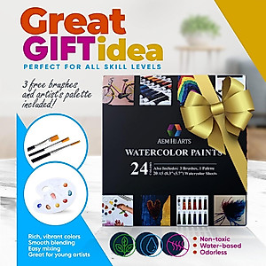AEM Watercolor Paint Set – Includes 24 Colors (12mL Each), Brushes & Paper – Paint on Paper, Wood, Fabric, Ceramics & More – Great Starter Kit for Kids & Adults, Also Suitable for Professional Artists