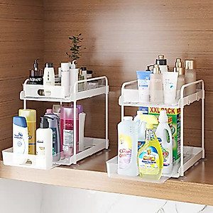 Alwytlon Pull Out Under Sink Organizer, Sliding Cabinet Basket Organizer, 2 Tier Clear Under Bathroom Storage Rack with Hooks, Multi-purpose Storage Shelf for Bathroom Kitchen, transparent & White